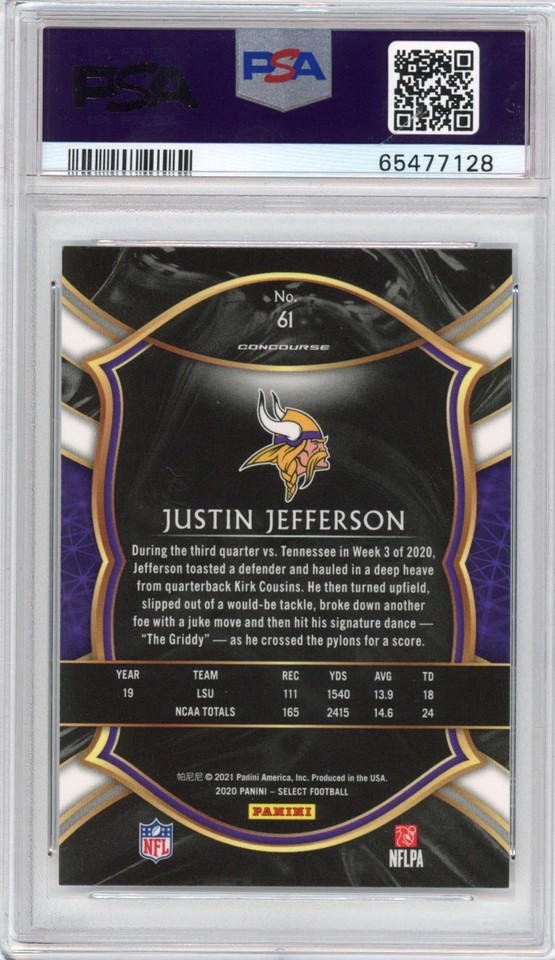 Graded 2020 Panini Select Justin Jefferson #61 Concourse Rookie RC ...