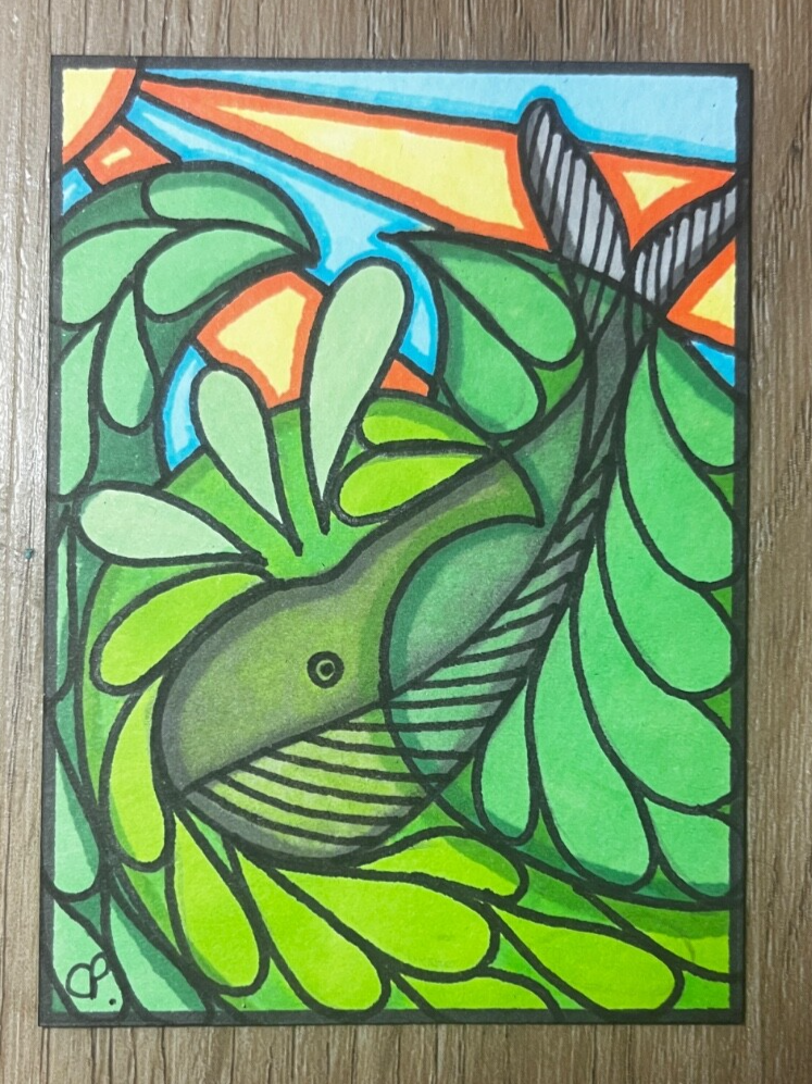 Original ACEO Whale Sea Folk art abstract miniature picture pen paper ...