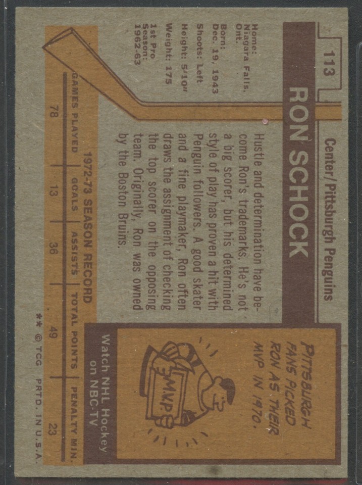 1973-74 Topps #113 Ron Schock Pittsburgh Penguins | eBay