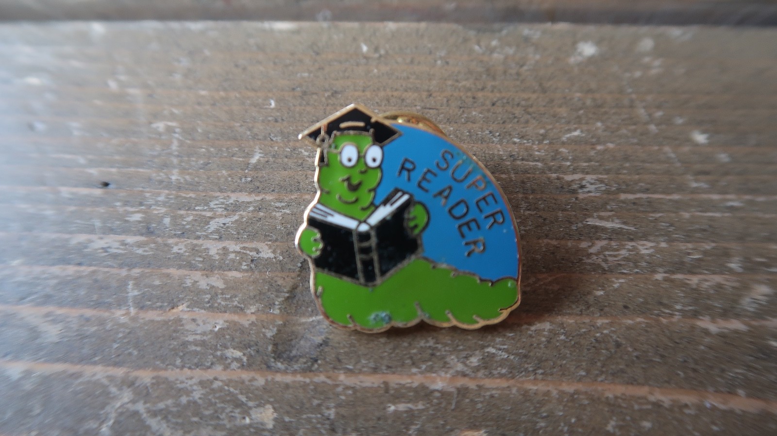 Vintage SUPER READER Book Worm Lapel Pin 2cm - Gem