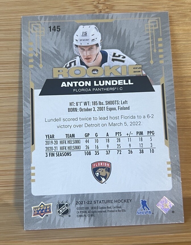 Anton Lundell 2021-22 Upper Deck Stature Rookies Green /149 #145 Rookie ...