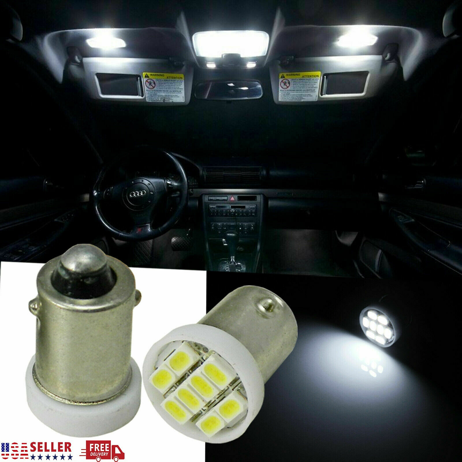 2x 6000K Bright White 8-SMD Ba9s 64111 64113 LED Interior Map Domp ...