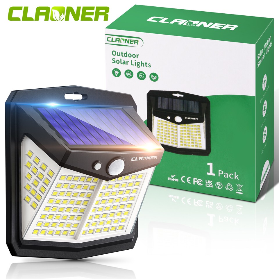 CLAONER Solar Power 128 LED Lights PIR Motion Sensor Outdoor Security ...