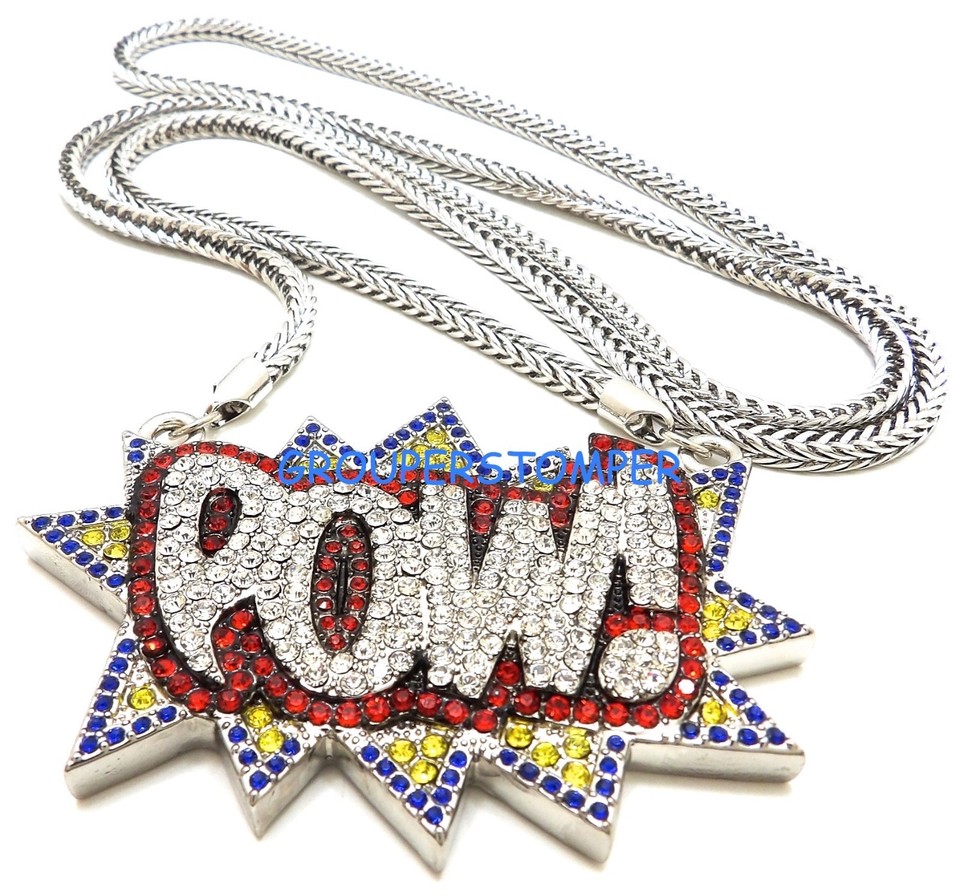 POW Necklace New Crystal Rhinestone Pendant with 36 Inch Franco Chain ...