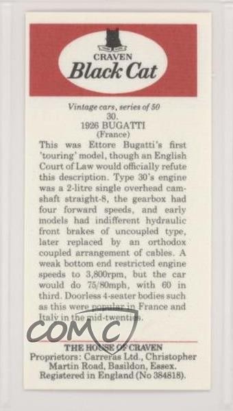 1976 Carreras Craven Black Cat Vintage Cars Tobacco 1926 Bugatti #30 ...