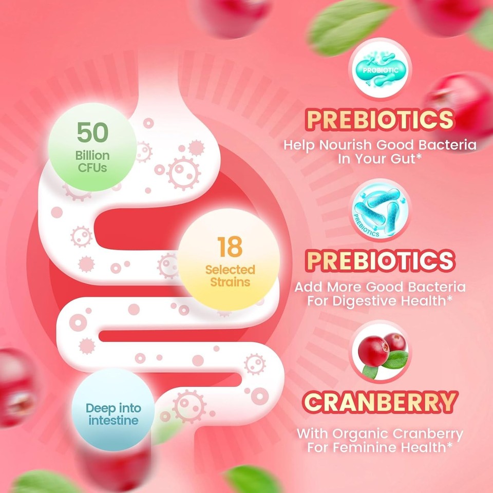 Women’s Probiotic Cranberry 60 Gummies Prebiotics 5B CFU Vegan Gut ...