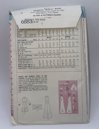 1975 Simplicity 6883 Large Collar Dress Sewing Pattern Size 10-12 Uncut ...