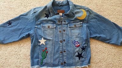 GUESS Denim Jacket Patched Cropped Frayed Hem Guess Jean Jacket Size S ...