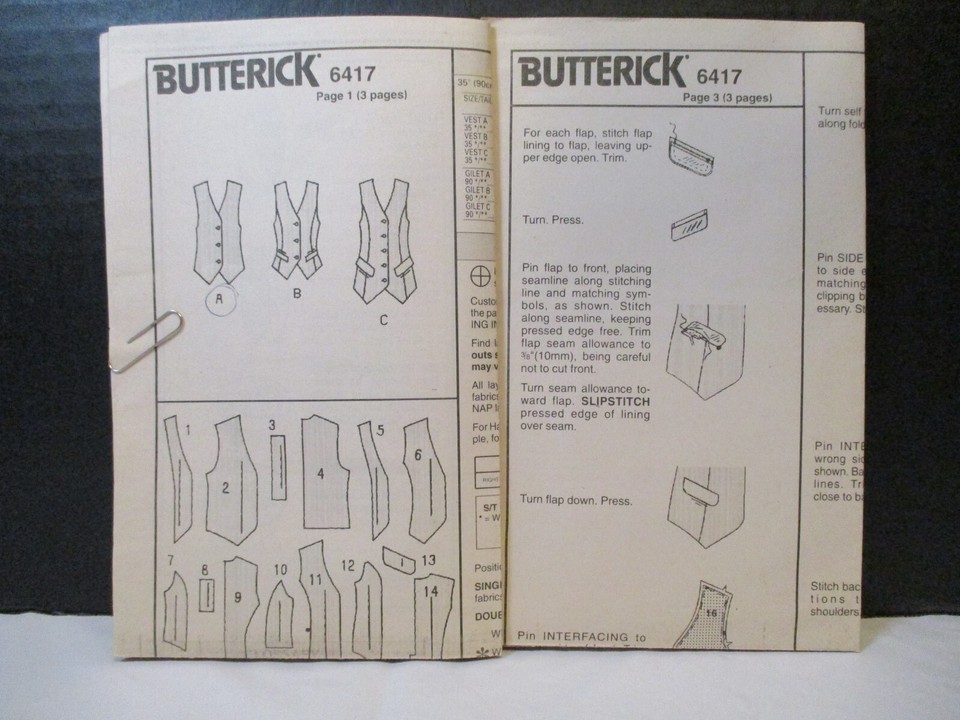 Butterick Pattern 6417 Misses Size XS-S-M Vests Cut Complete Vintage ...