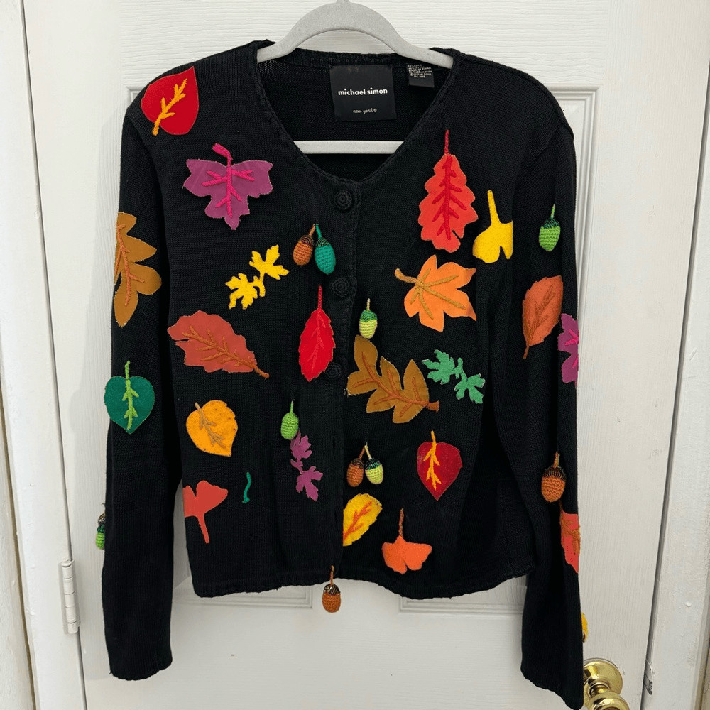 VINTAGE Michael Simon Fall Cardigan Sweater Leaves Ac… - Gem