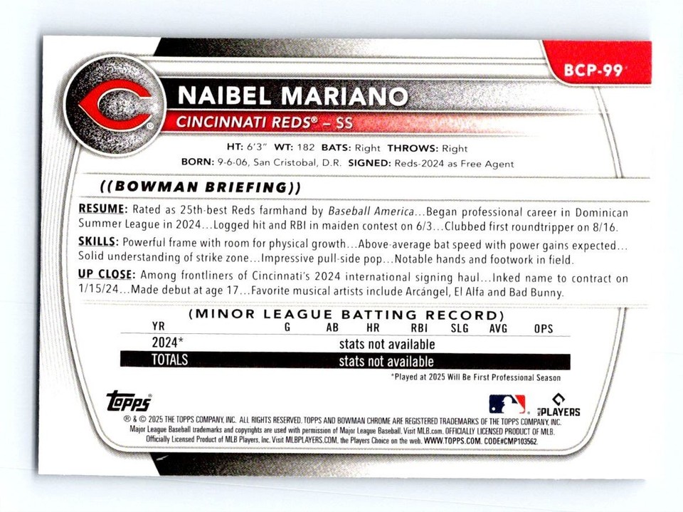 #BCP-99 2025 Bowman Chrome Mojo Naibel Mariano Reds | eBay