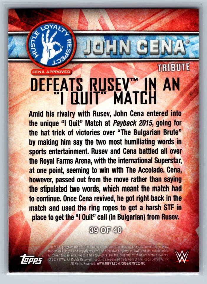 2017 Topps WWE Then Now Forever John Cena Tribute Defeats Rusev #39 | eBay
