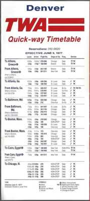 TWA Trans World Airlines Denver timetable 6/9/77 [7102] Buy 4+ save 50% ...