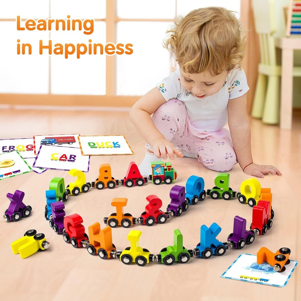 Vanmor 27 PCS Magnetic Wooden Alphabet Train Sets | ABC Letter Learning ...