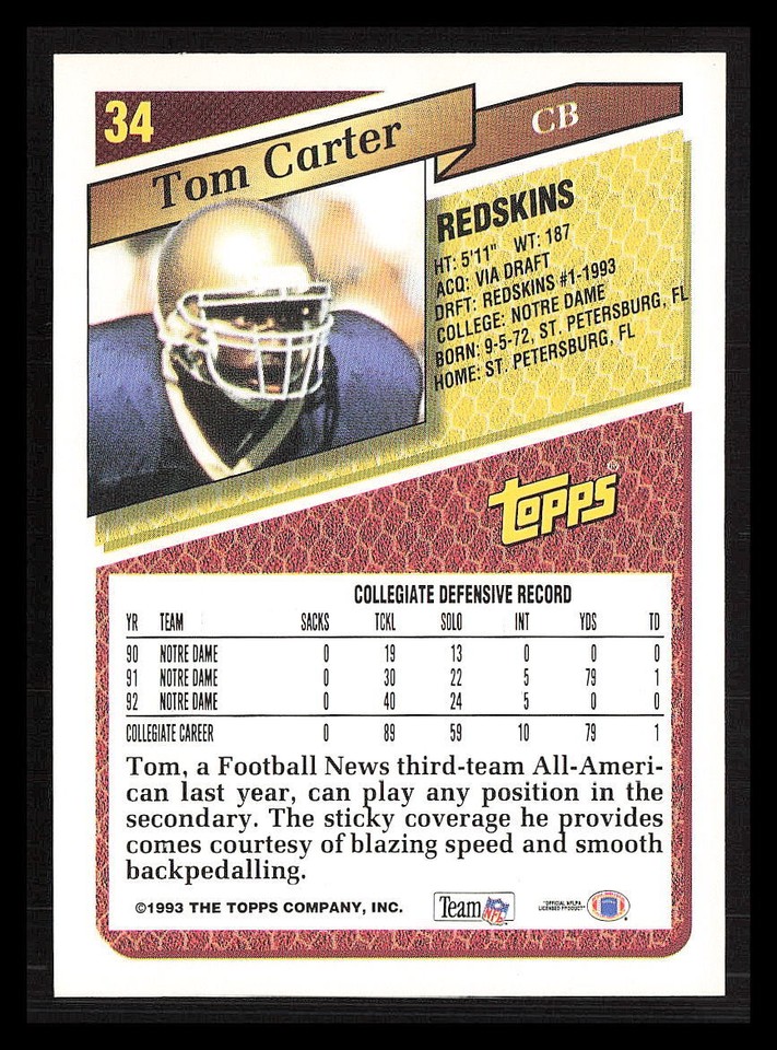 Tom Carter 1993 Topps #34 Washington Redskins | eBay