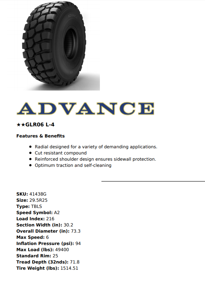 (4-Tires) 29.5R25 tires ADVANCE L-4 GLR06 29.5-25 radial loader tire ...