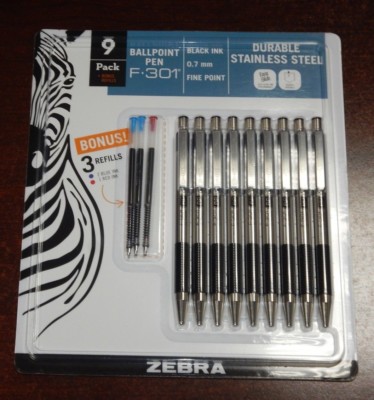9 Zebra F-301 Pen Black Ink Fine 0.7mm Stainless Steel w/ Bonus Red ...