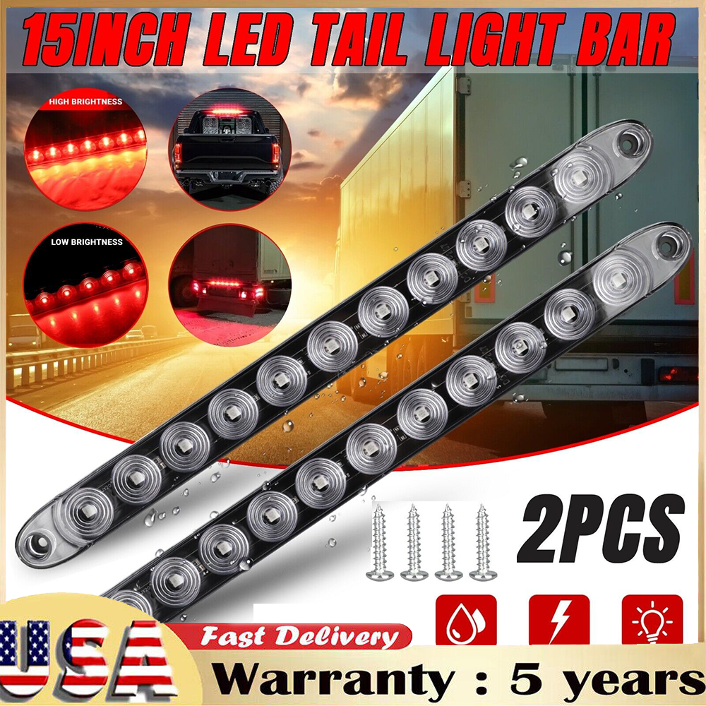 Pair 15" Red LED Sealed Truck Trailer Strip Brake Rear Stop Turn Tail ...