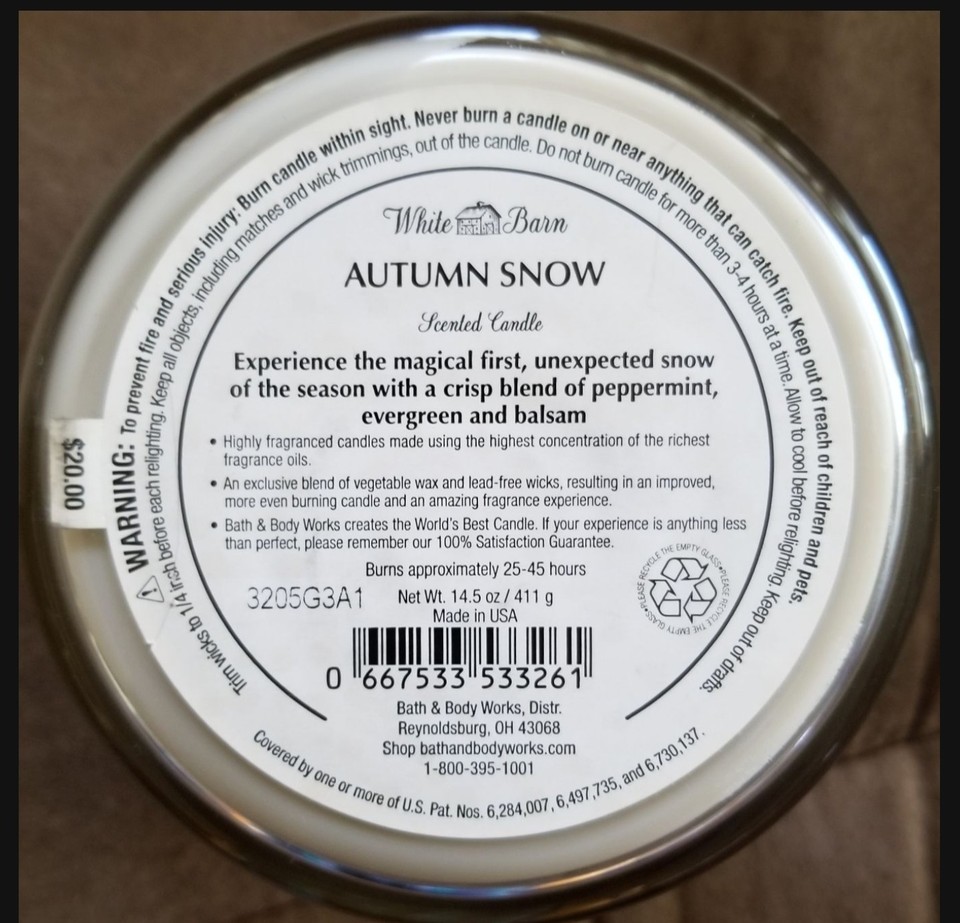 Bath & Body Works White Barn Autumn Snow 3 Wick Candle 2013 Rare New ...