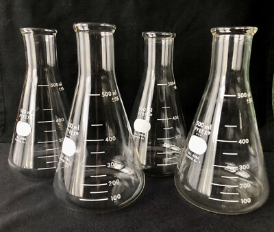 Lot of 4 PYREX No. 4980 Flasks 500 mL Narrow Mouth, #7 Stopper. Great ...