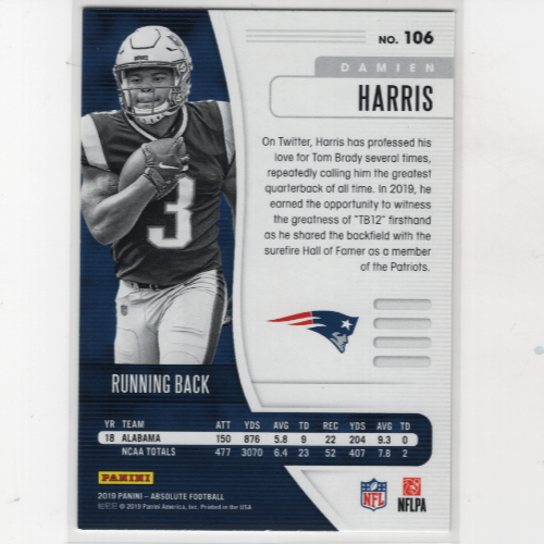Damien Harris 2019 Panini Absolute Blue Parallel Rookie Card RC #106 | eBay