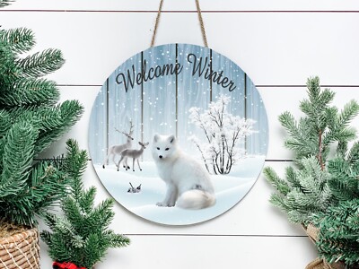 Welcome Winter White Fox Farmhouse 12 inch Wood Sign Door Hanger ...