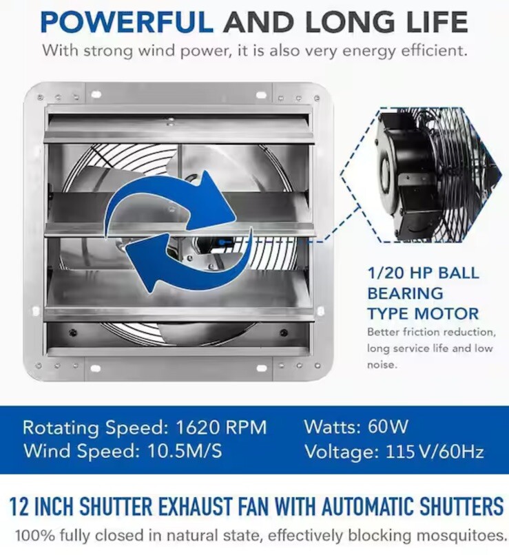 iPower 12 Inch Shutter Exhaust Fan Aluminum High Speed 1620RPM 940 CFM ...