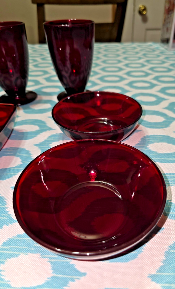 9 PIECES OF VINTAGE RUBY RED GLASSWARE CREAM AND SUGAR GLASSES DISHES ...