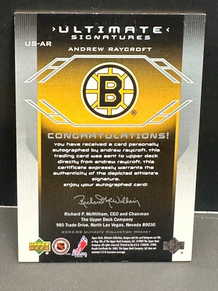 Andrew Raycroft 2004-05 UD Ultimate Collection Signatures Auto #US-AR ...