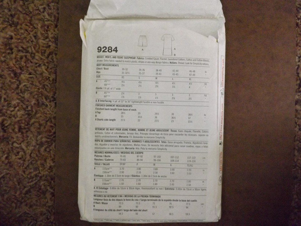Simplicity Sew Easy Patterns 9284 Unisex Pajamas Men Teen Girls ...