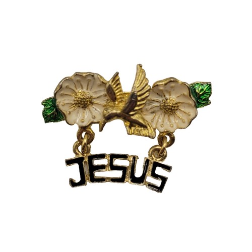 Vintage Jesus Dangle Brooch Pin Hummingbird Floral Design Silver Tone ...