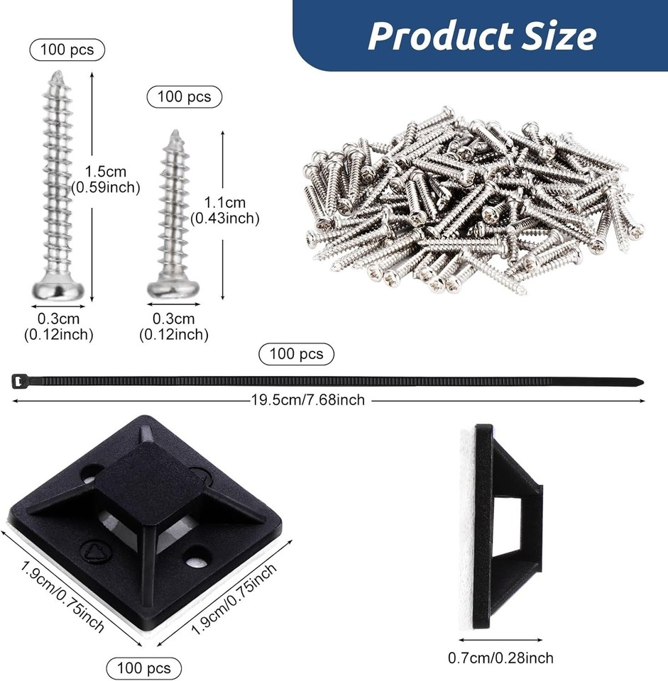 100PCS Adhesive Zip Tie Mounts 3/4"Black Cable Tie Mounts with 100PCS 8 ...