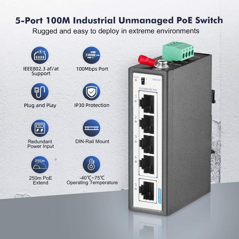 5 Port Mini PoE+ Industrial DIN-Rail Switch 4 PoE+ 10/100Mbps IP30 ...