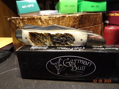 GERMAN BULL 4 1/2" POCKET KNIFE STAG HANDLE LARGE TRAPPER 2- 440HC ...