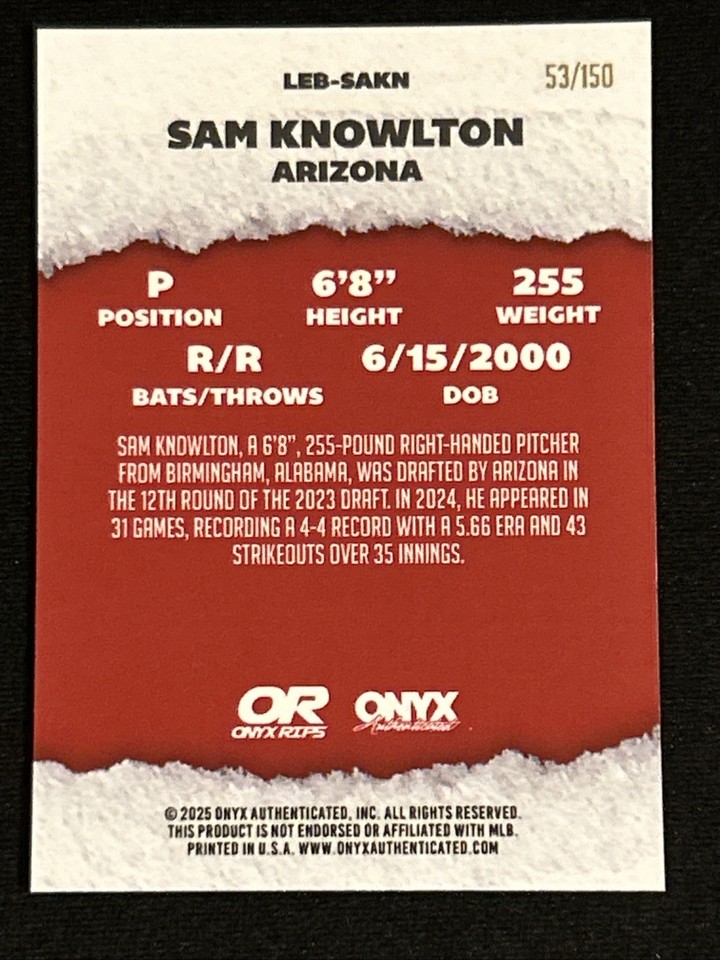 2025 Onyx Rips Limited Edition Sam Knowlton 53/150 #LEB-SAKN Arizona Auto | eBay