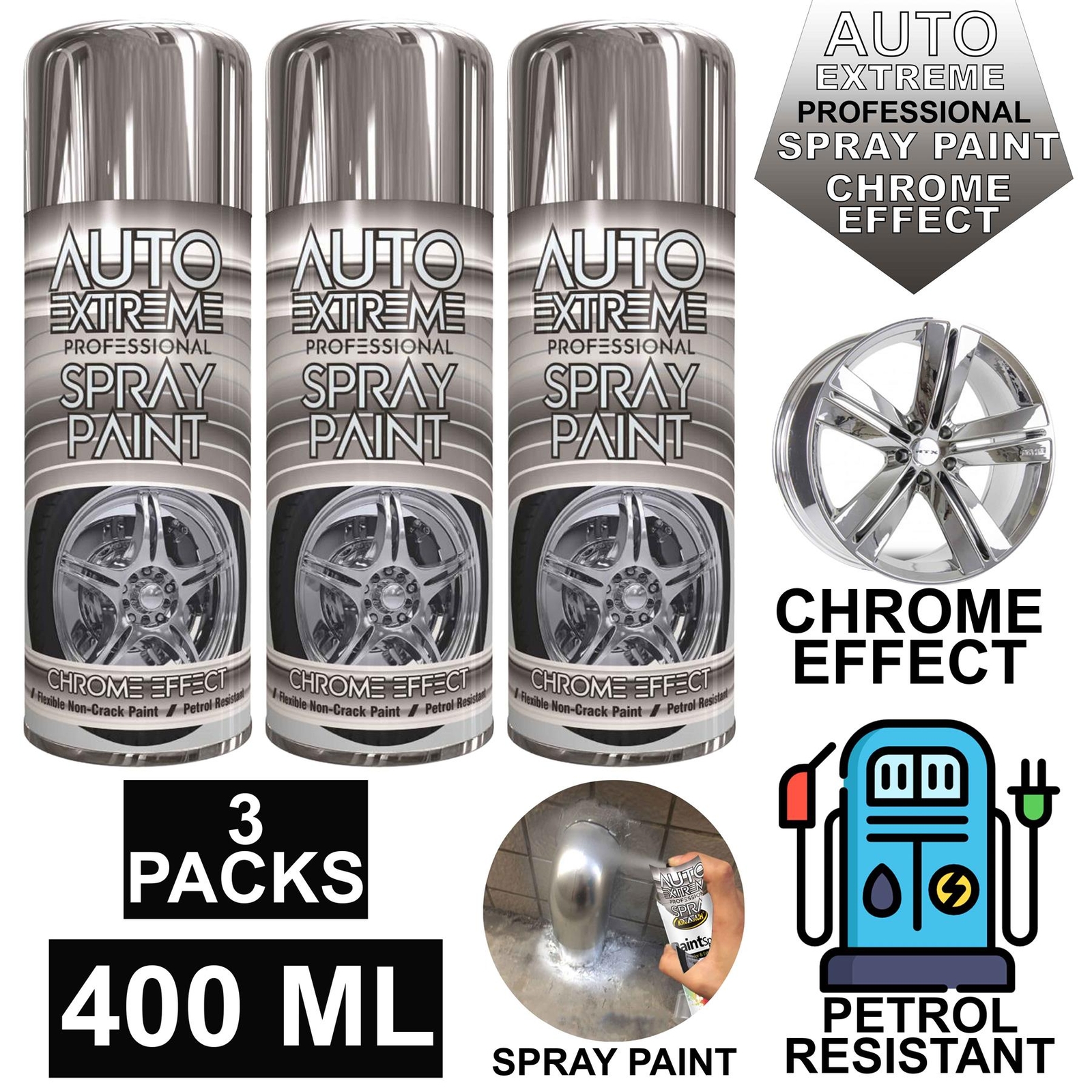 3 x Chrome Foil Mirror Metallic Effect Auto Spray Paint DIY Car Aerosol ...