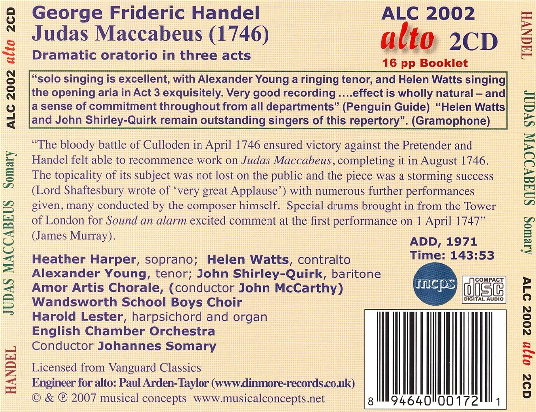 Judas Maccabeus by Handel / Harper / Watts / Eco / Somary (CD, 2007 ...