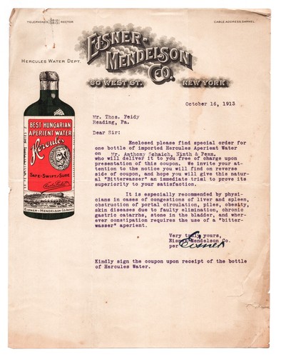 New York 1913 Eisner Mendelson Hercules Aperient Water Quack Medicine 8 ...
