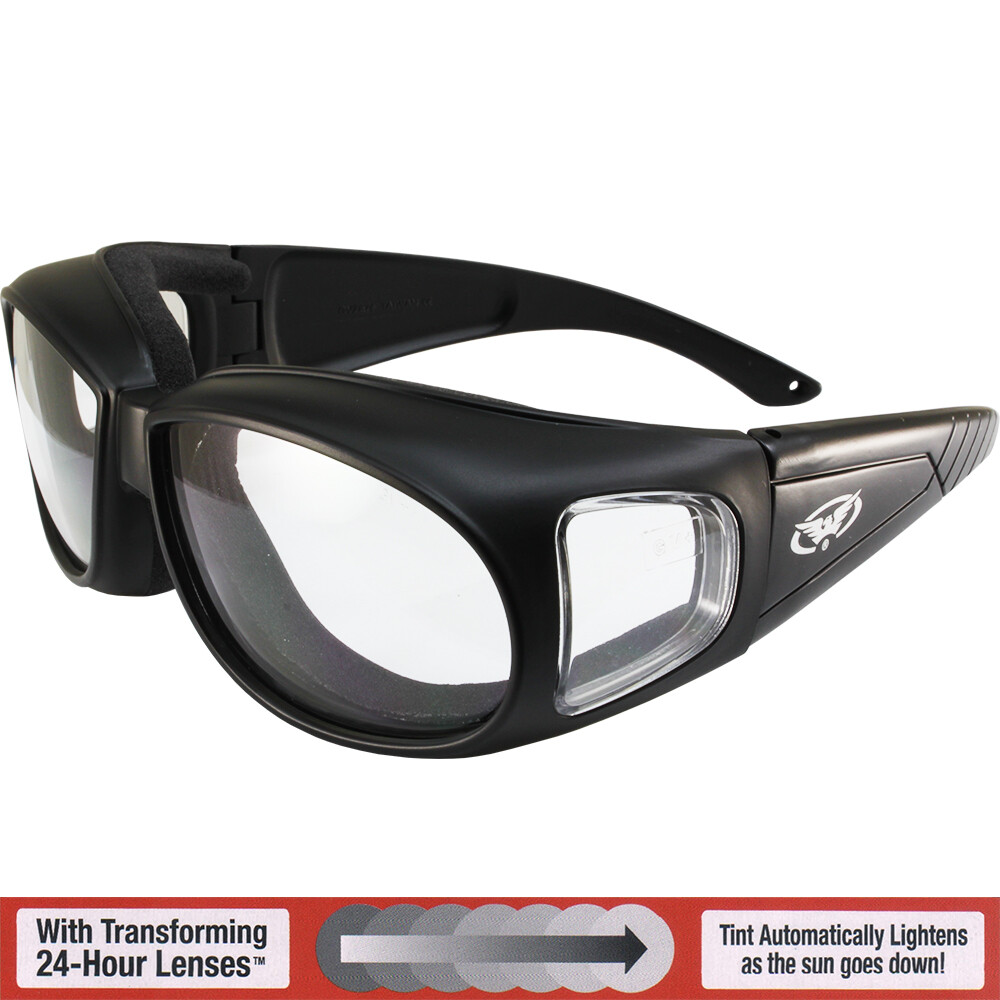 TRANSITION PHOTOCHROMIC Motorcycle Sunglasses FIT OVER RX GLASSES CLEAR ...