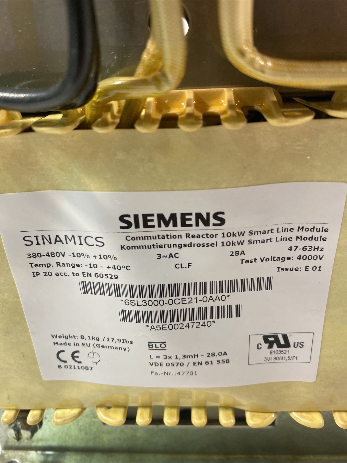 SIEMENS 6SL3000-0CE21-0AA0 LINE REACTOR 6SL3000-0CE21-0AA0 OVERNIGHT ...