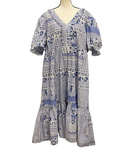 English Factory Dress Sz 3x Blue White Short Sleeve V-Neck Long Length ...