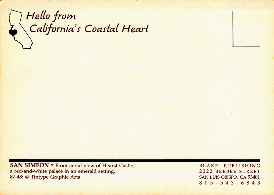 Postcard Hello from California's Coastal Heart, San Simeon, Hearst ...
