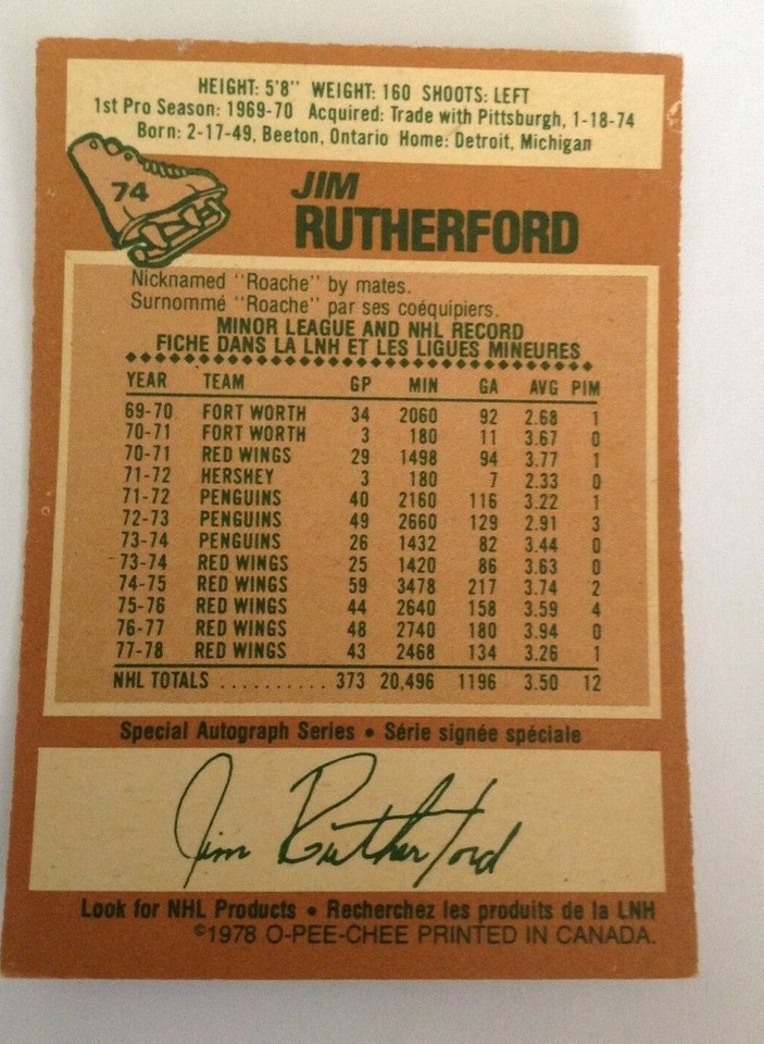 JIM RUTHERFORD HOCKEY CARD CHICAGO BLACK HAWKS O-PEE-CHEE 1978 | eBay