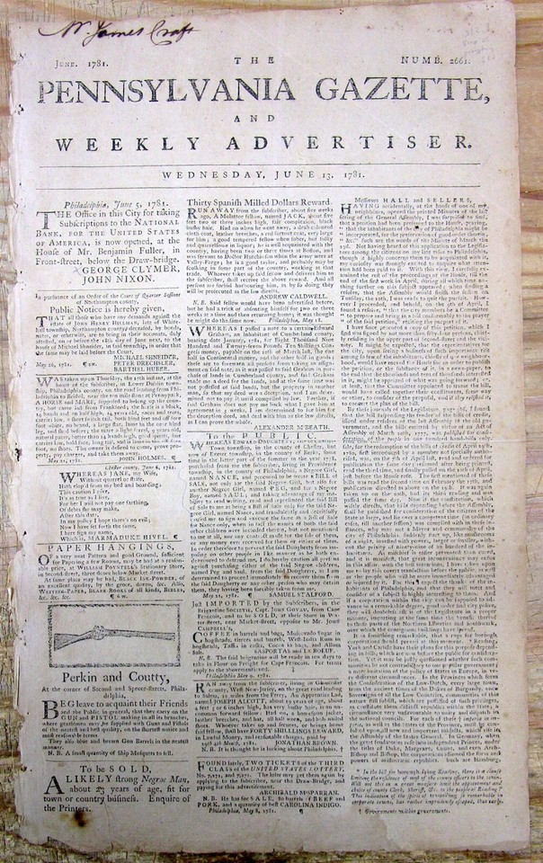 1781 Revolutionary War newspaper with AMERICAN CAPTURE FT GRANBY South ...