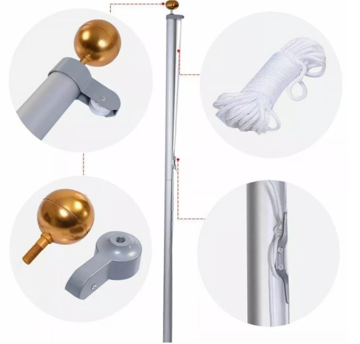 20ft Sectional Flag Pole Ball Top Kit 16 Gauge & 3'x5' Free US American ...
