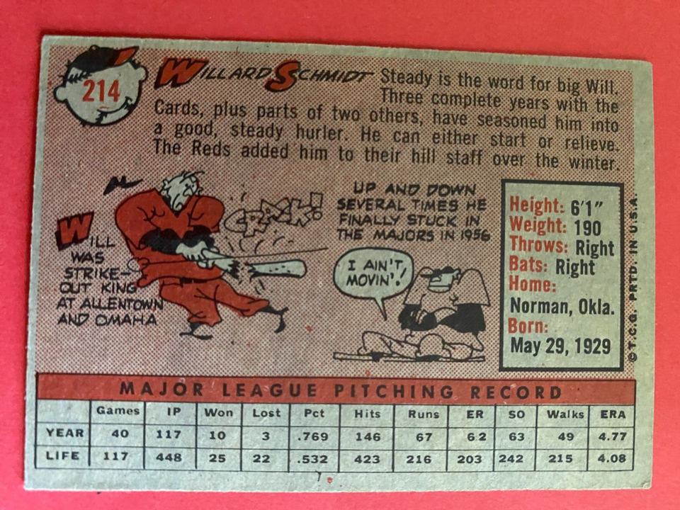 1958 Topps baseball card WILLARD SCHMIDT #214 Cincinnati Redlegs | eBay