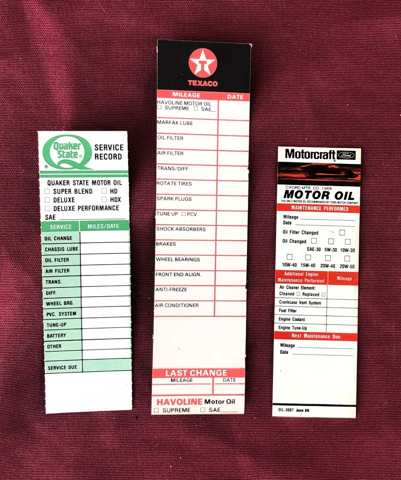 LOT OF 3 OIL SERVICE RECORD STICKERS TEXACO QUAKER STATE FORD ...