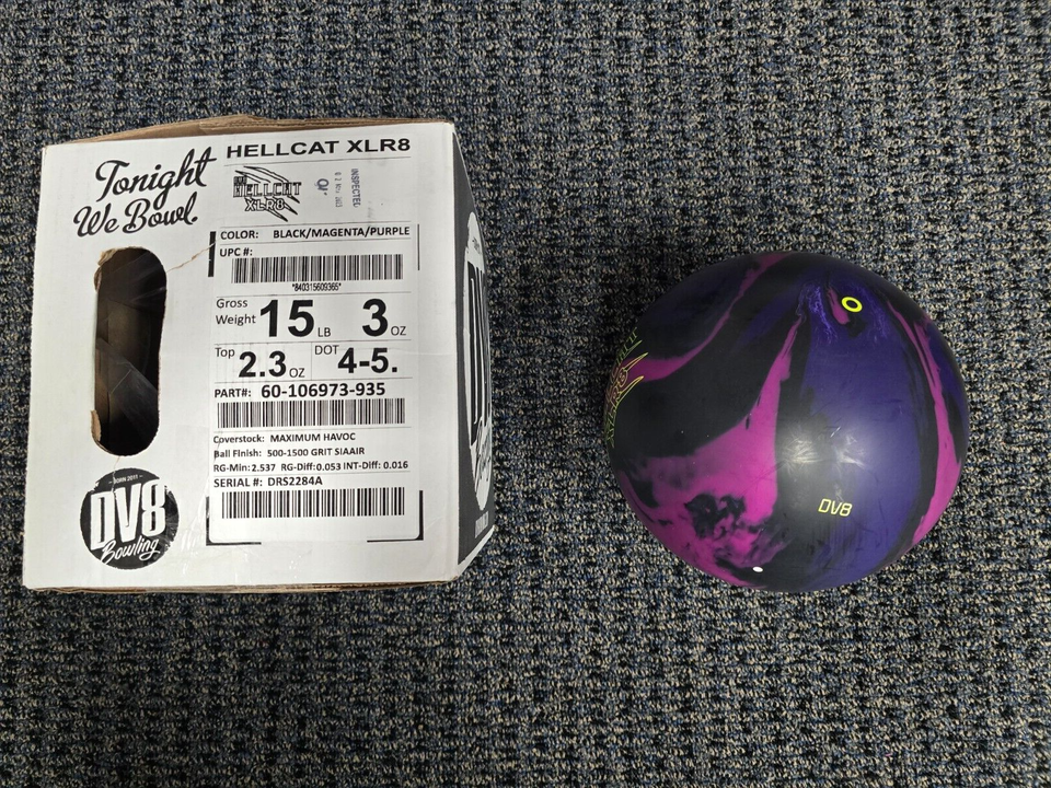15lb DV8 Hellcat XLR8 Bowling Ball (New in Box, black/magenta/purple ...