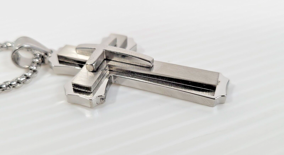 Cross Pendant 24" Necklace Silver Stainless Steel Chain Holy Cross ...