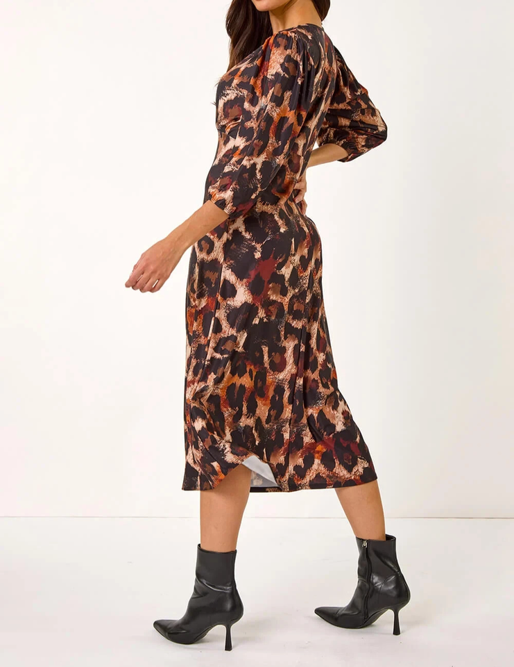 EX ROMAN LADIES TAN ANIMAL PRINT GATHERED STRETCH MIDI DRESS NEW (REF R ...